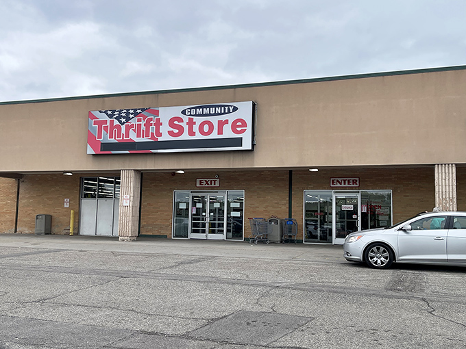 The unassuming exterior of Community Thrift Store &ndash; where treasure hunting begins and wallets breathe sighs of relief.