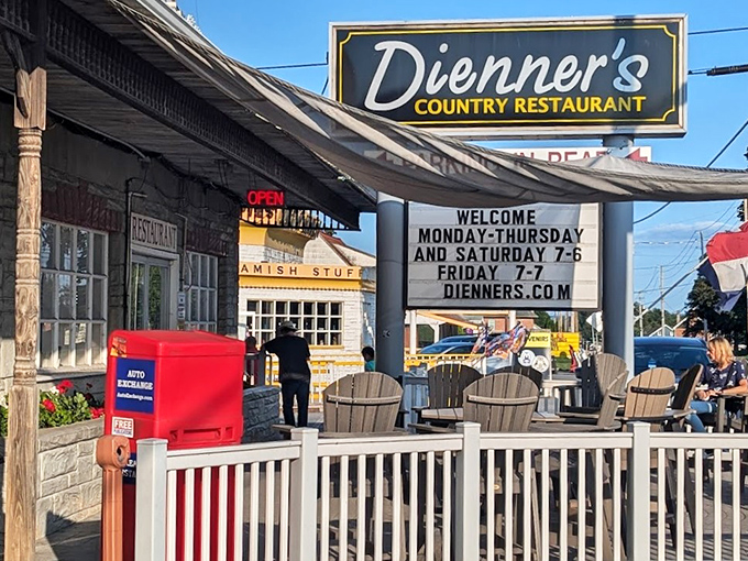 The unassuming stone exterior of Dienner's Country Restaurant hides culinary treasures within. No neon, no gimmicks&mdash;just a white railing leading to authentic Pennsylvania Dutch goodness.