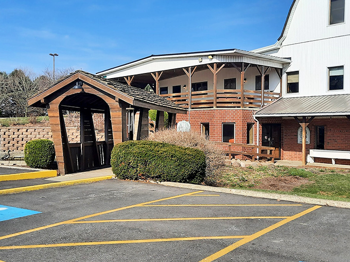 The iconic white barn structure stands proudly against the Ohio sky, like a beacon of comfort food calling hungry travelers home.