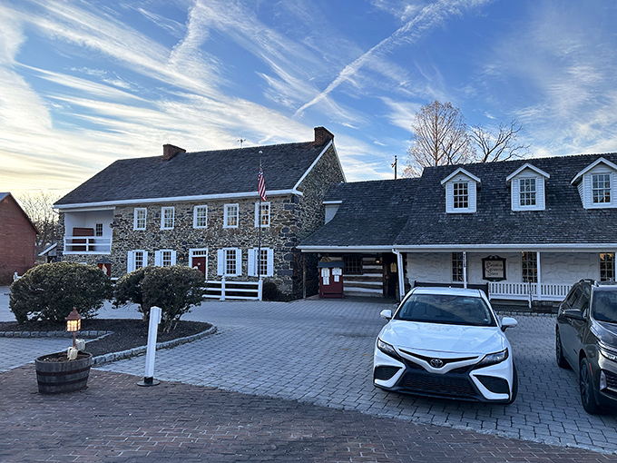 History stands proudly in stone at Dobbin House, where the fieldstone exterior has welcomed hungry travelers since the 1700s. The American flag adds a perfect patriotic touch.