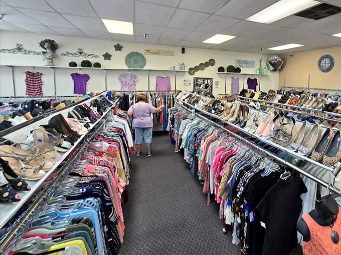 Step into fashion paradise where blue walls and neatly organized racks invite you to hunt for treasures without the designer price tags.