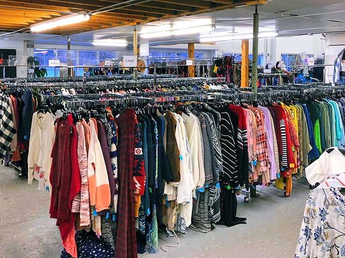 Rack after colorful rack stretches into the distance, like a textile ocean waiting to be explored. Treasure hunting begins here!