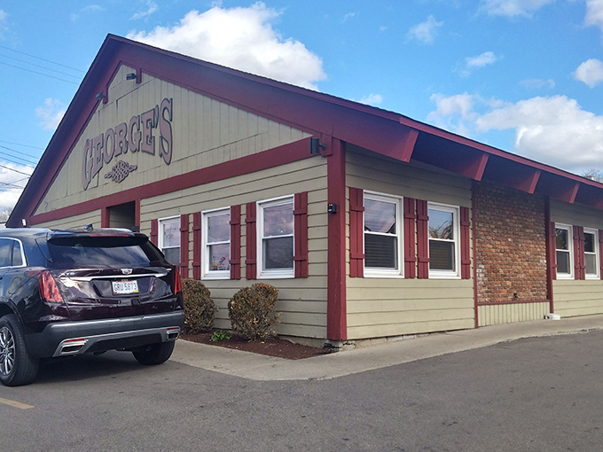 The unassuming exterior of George's Family Restaurant stands like a beacon of breakfast hope on North Main Street in Dayton.