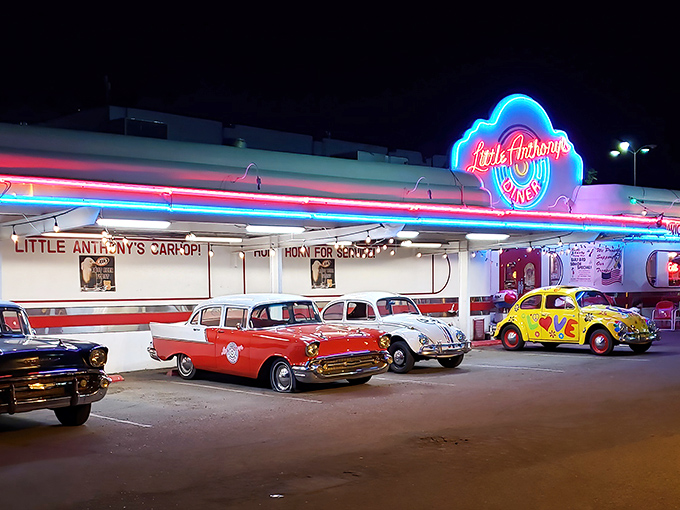 That pink Cadillac isn't just transportation&mdash;it's a time machine announcing your arrival to the 1950s. The ultimate greeting committee!