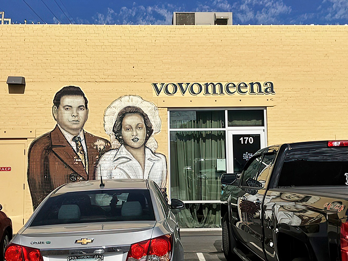 The bright yellow exterior of Vovomeena features a vintage-style mural that practically screams, "Stop your car immediately and get breakfast!"
