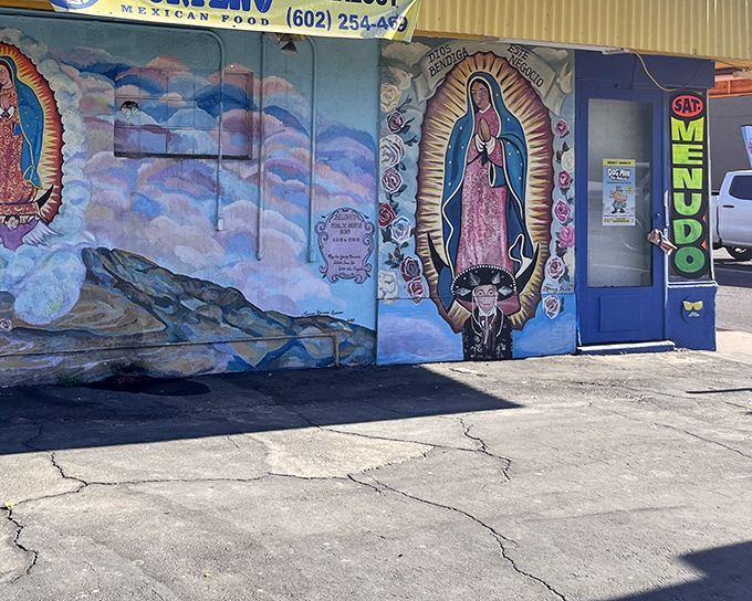 The Virgin of Guadalupe watches over this Phoenix treasure, blessing every chimichanga with divine flavor.