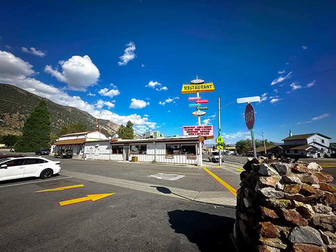 The classic roadside beacon that is Nicely's Restaurant stands proudly against the Eastern Sierra backdrop, promising comfort and satisfaction to weary travelers.