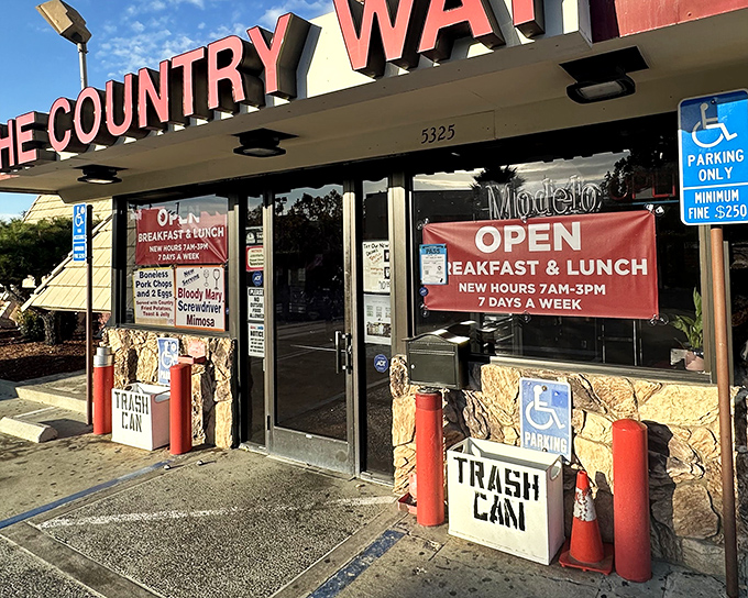 The unassuming exterior of Country Way in Fremont hides culinary treasures within. That red sign might as well say "Breakfast Paradise Ahead."