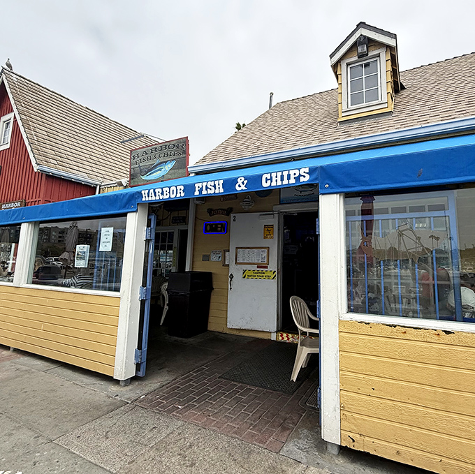 The unassuming blue awning of Harbor Fish & Chips beckons seafood lovers like a lighthouse guiding hungry sailors home to Oceanside Harbor.