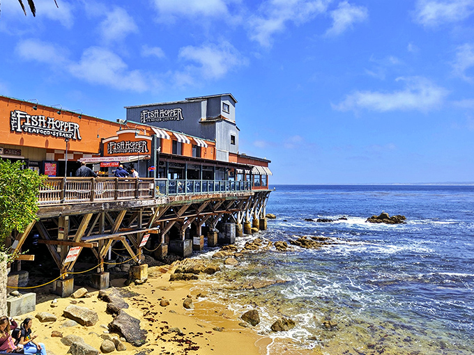 Perched dramatically over Monterey Bay, Fish Hopper's orange and blue exterior isn't just eye-catching&mdash;it's practically waving "come eat here" in maritime flag code.