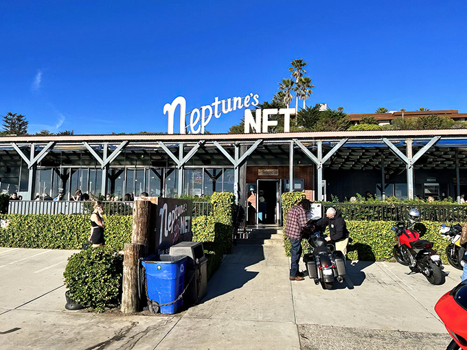 Neptune's Net stands proudly against the California sky, a beacon for seafood lovers and road warriors alike on the legendary Pacific Coast Highway.