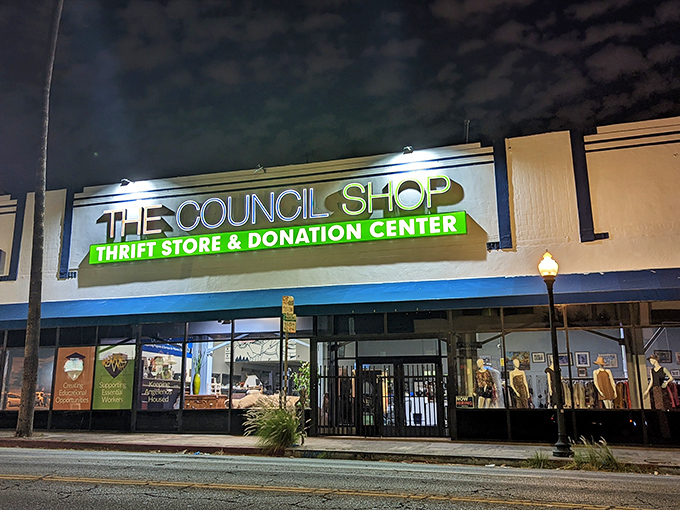 The neon-lit storefront of The Council Shop beckons like a lighthouse for bargain hunters, its green and white sign promising treasures within.