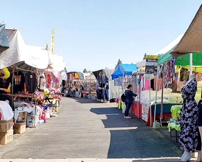 The human river of bargain hunters flows between colorful stalls at Paramount Swap Meet, where shopping transforms from errand to adventure.