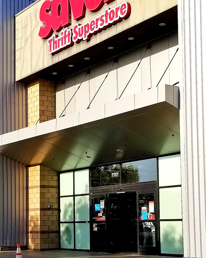 The unassuming exterior of Savers in Dublin hides a treasure trove within. Adventure awaits beyond those glass doors!