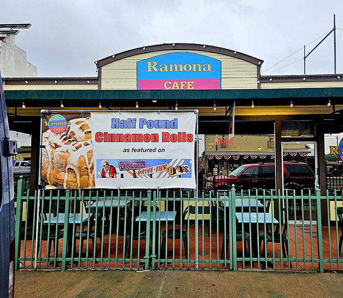 The holy grail of breakfast spots announces itself boldly. Ramona Cafe's banner proudly proclaims what pilgrims travel miles to experience: those legendary half-pound cinnamon rolls.