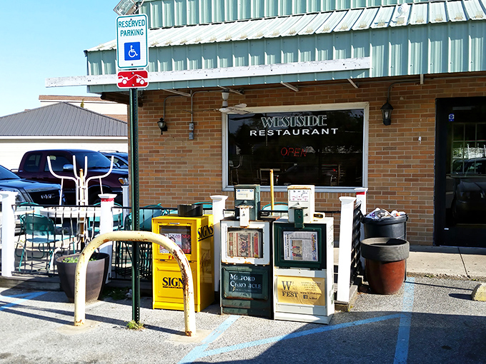The unassuming exterior of Westside Restaurant proves once again that culinary treasures often hide behind modest facades. No neon, no gimmicks&mdash;just breakfast paradise waiting.