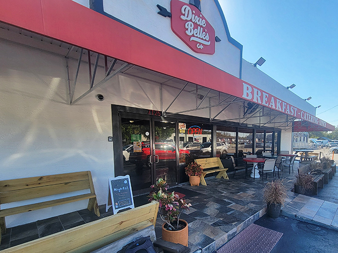 The red-trimmed exterior of Dixie Belle's beckons like a lighthouse for the breakfast-starved. No fancy frills, just the promise of honest-to-goodness Southern comfort.