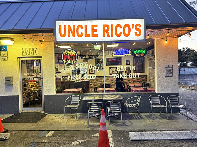 This unassuming Fort Myers storefront hides pizza perfection behind its humble metal roof and simple signage.