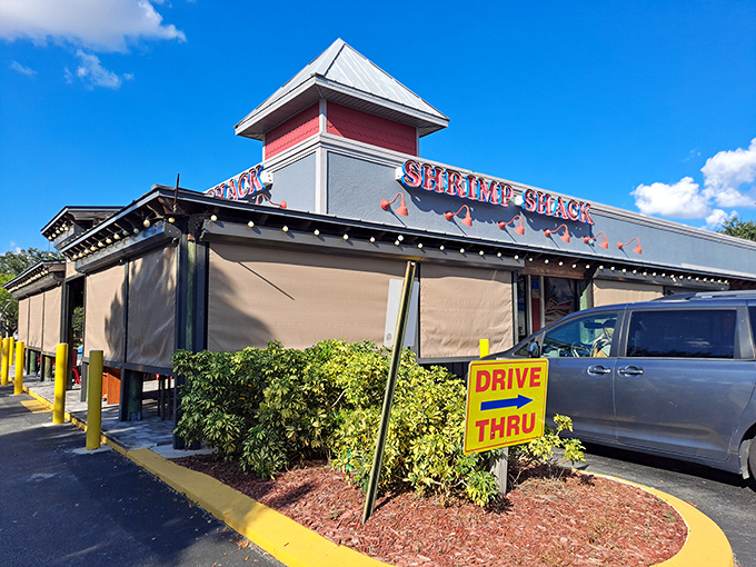 The glowing red "SHRIMP SHACK" sign beckons like a lighthouse for the hungry. This unassuming Fort Myers gem proves great seafood doesn't need fancy architecture.