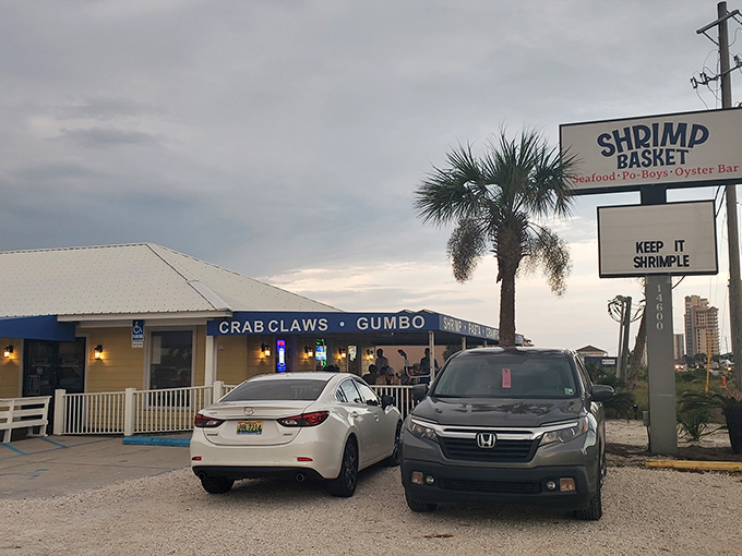 The yellow beach house with "CRAB CLAWS &bull; GUMBO" banner isn't trying to impress anyone&mdash;until you taste what's inside. Florida seafood authenticity at its unpretentious best.