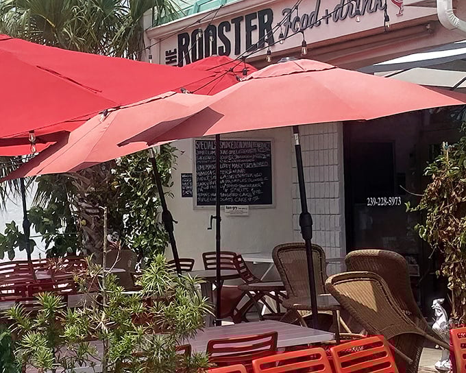 The Rooster's charming exterior welcomes you with vibrant red umbrellas and cozy wicker seating. Florida's sunshine and palm trees create the perfect breakfast backdrop.