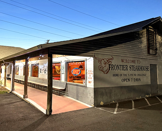 The unassuming exterior of Frontier Steakhouse proves the old adage: never judge a steak by its storefront. Home of the legendary 5-pound challenge!