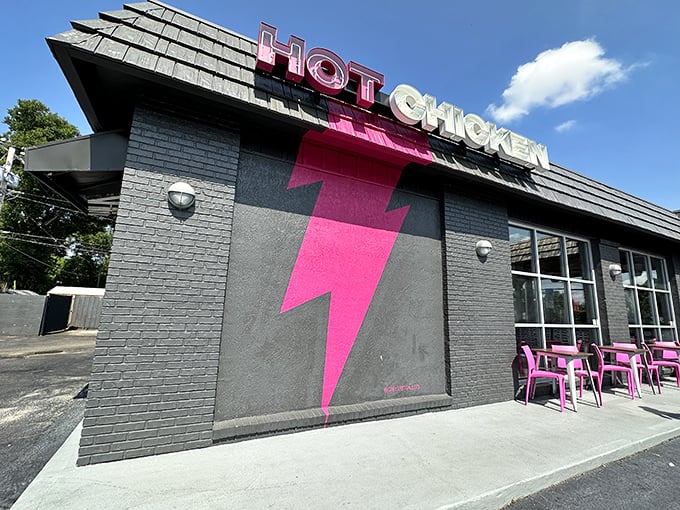 That hot pink lightning bolt isn't just eye-catching—it's a warning shot to ordinary chicken joints everywhere. Prepare for flavor that electrifies!