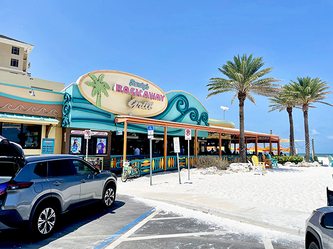 Beach paradise found! Frenchy's vibrant turquoise and coral exterior welcomes you like a tropical postcard come to life, promising seafood treasures just steps from Clearwater's sugar-white sands.
