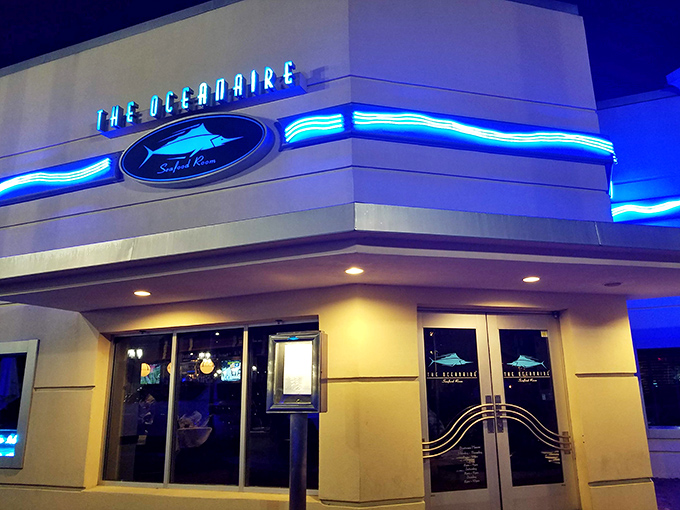 The Oceanaire's elegant exterior stands like a culinary lighthouse amid Orlando's tourist district, promising seafood treasures within those cream-colored walls.