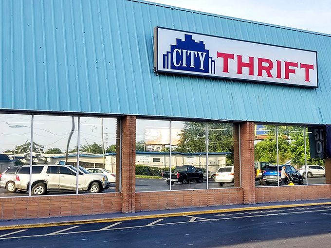 The iconic blue exterior of City Thrift stands like a beacon for bargain hunters, promising treasures within that would make any thrifter's heart skip a beat.