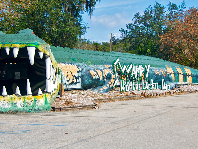 Swampy greets visitors with a toothy grin that would make even the Jurassic Park T-Rex feel a bit inadequate. Florida roadside charm at its finest!