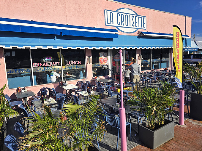 The pink-and-blue facade of La Croisette isn't trying to win architectural awards&mdash;it's too busy welcoming hungry beachgoers to breakfast paradise.