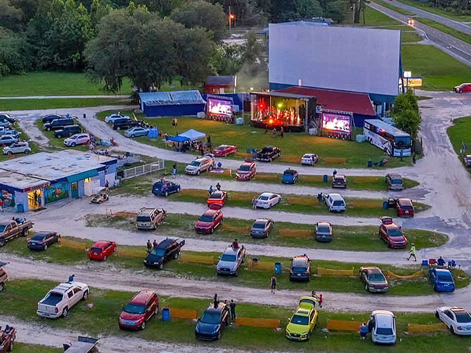An aerial view that captures the magic of movie night under Florida stars&mdash;cars arranged like a giant game of Tetris, all facing the cinematic mothership.