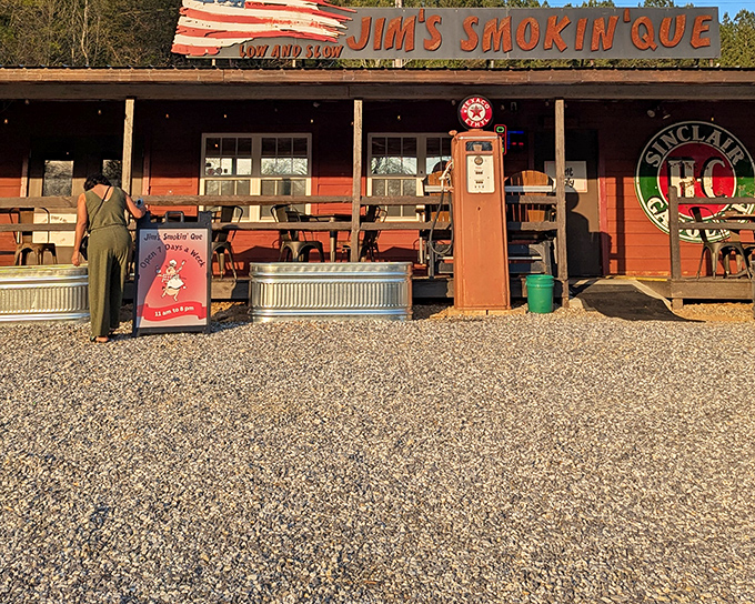 The American flag-inspired roof above Jim's Smokin' Que isn't just patriotic&mdash;it's a beacon for BBQ pilgrims. That vintage gas pump promises fuel of a different kind.