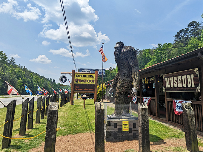 The guardian of cryptid knowledge stands tall outside EXPEDITION! Museum. Those prayer flags aren't just for show&mdash;they're Sasquatch's laundry line.