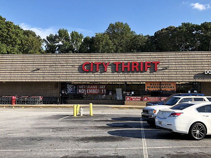 The bold red letters of City Thrift beckon like a siren song to bargain hunters. This unassuming exterior houses a universe of secondhand treasures waiting to be discovered.