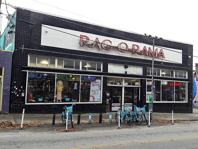 The iconic black-tiled facade of Rag-O-Rama stands as a beacon for fashion treasure hunters in Atlanta's eclectic Little Five Points neighborhood.