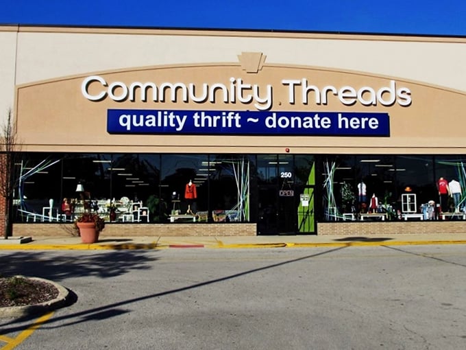 The storefront promises "quality thrift" and delivers on that promise with a clean, inviting facade that says "bargain hunter's paradise" without shouting "garage sale leftovers."