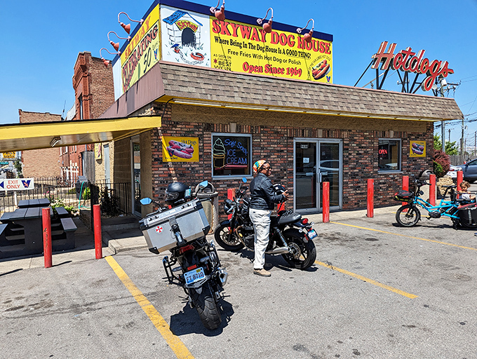 The unassuming brick exterior of Skyway Doghouse stands as a beacon to Chicago food pilgrims. That vintage "Hotdogs" sign has been guiding hungry souls for generations.