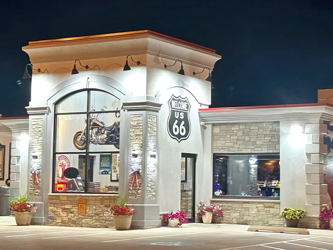 The gleaming white stone fa&ccedil;ade glows like a beacon in the night, promising weary travelers the holy trinity of road food: coffee, pie, and nostalgia.