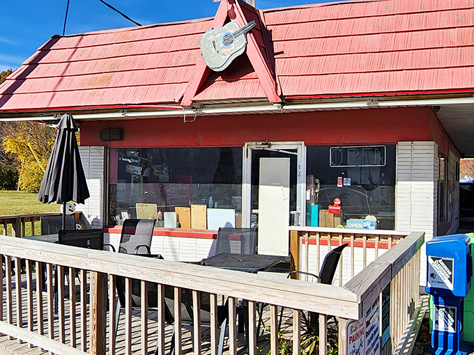 With its red roof, front porch seating, and a guitar perched proudly above the door, this humble diner on Indy&rsquo;s east side feels like a step back in time&mdash;full of character and classic charm.