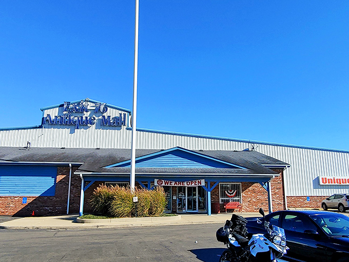 The unassuming exterior of Exit 76 Antique Mall belies the wonderland within. Like finding a treasure chest disguised as a shoebox.