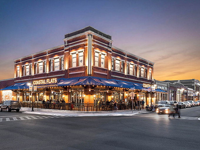 The corner brick building glows like a lighthouse at dusk, beckoning hungry travelers to drop anchor at this Gaithersburg seafood haven.