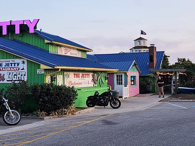 Candy-colored stools against seafoam green walls &ndash; The Jetty's exterior is like a Jimmy Buffett song come to life on Maryland's Eastern Shore.
