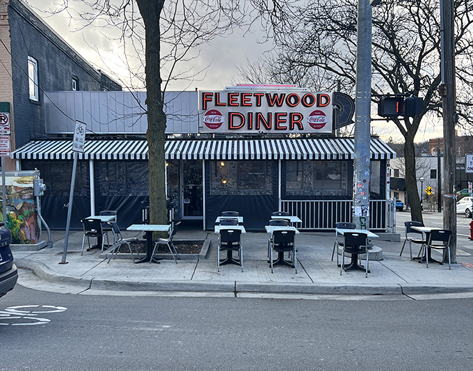 The iconic silver exterior of Fleetwood Diner beckons hungry patrons with its vintage charm and promise of 24-hour comfort food.