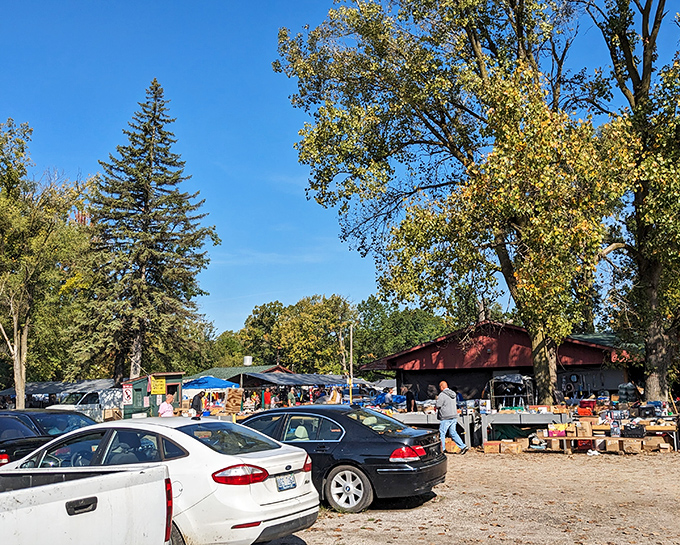 The treasure hunter's paradise awaits under Michigan blue skies, where cars fill the lot before the best deals disappear into someone else's trunk.
