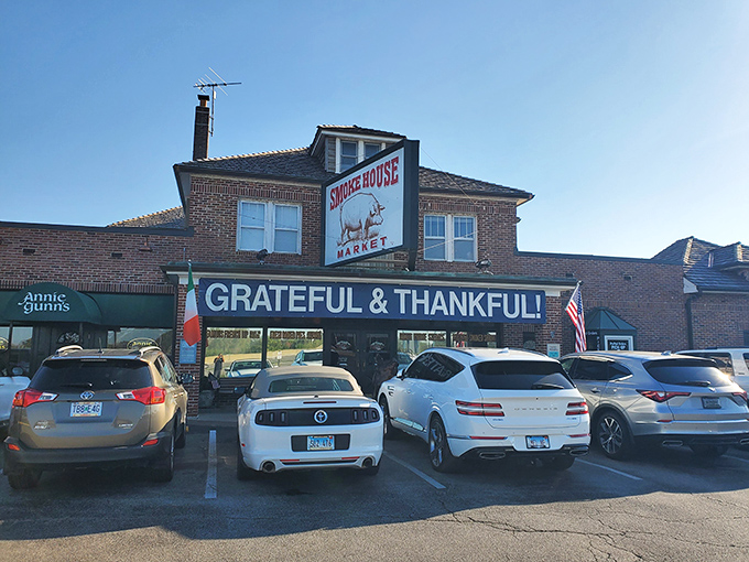 The "Grateful & Thankful" banner above Annie Gunn's entrance isn't just signage—it's a preview of how you'll feel after experiencing their legendary steaks.