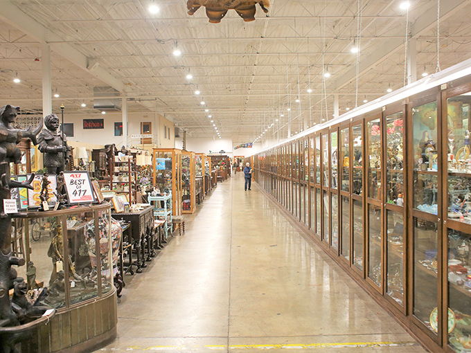 The stately entrance to Relics beckons with its distinctive peaked roof and warm brick facade&mdash;a modest portal to an extraordinary world of vintage treasures within.
