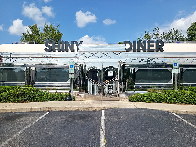 Chrome never goes out of style. The Shiny Diner's exterior gleams in the North Carolina sunshine like a beacon of breakfast hope.