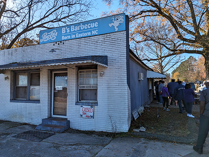 The white brick exterior of B's Barbecue stands like a humble temple to smoked meat. No frills necessary when the food speaks this loudly.